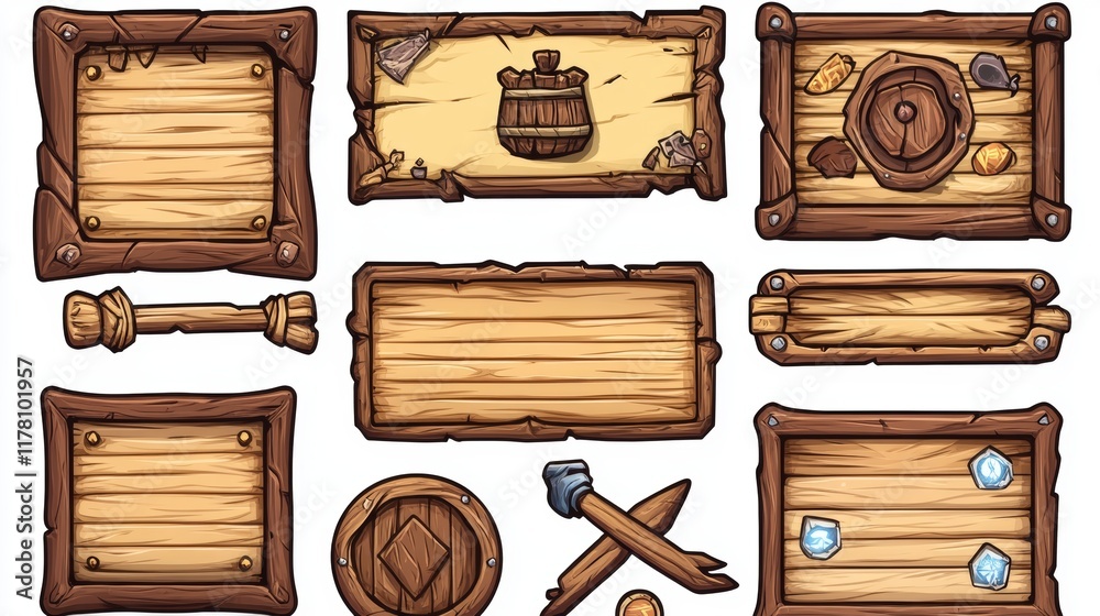 Ilustración de Stock Wooden game ui design elements - buttons and ...