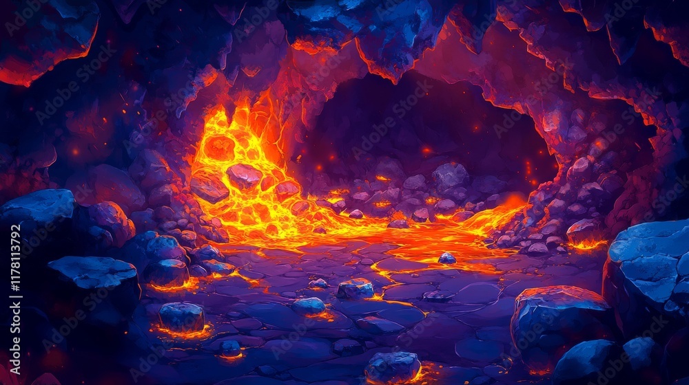 Hell landscape, infernal hot volcano cave with lava flow from cracked ...