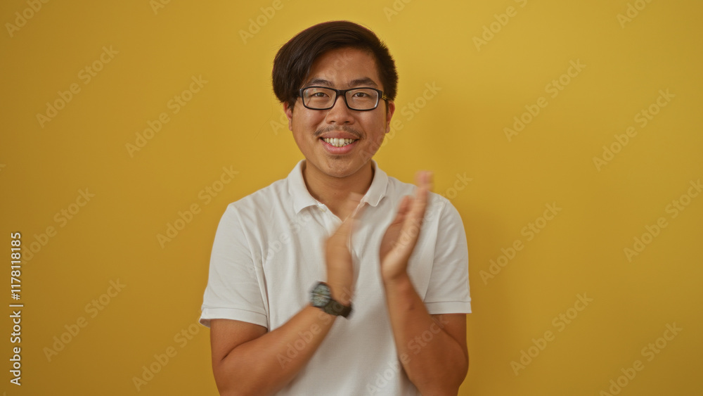 Young man clapping in front of a yellow background, wearing glasses and ...