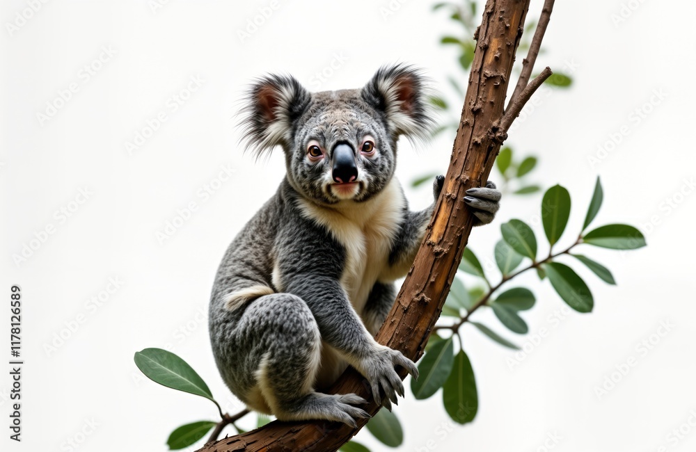 Cute koala sits on eucalyptus tree branch against white background ...