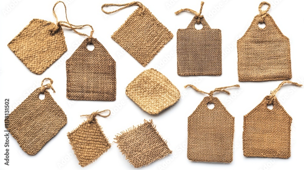 Jute cloth patches, labels with burlap fabric texture. Vector ...