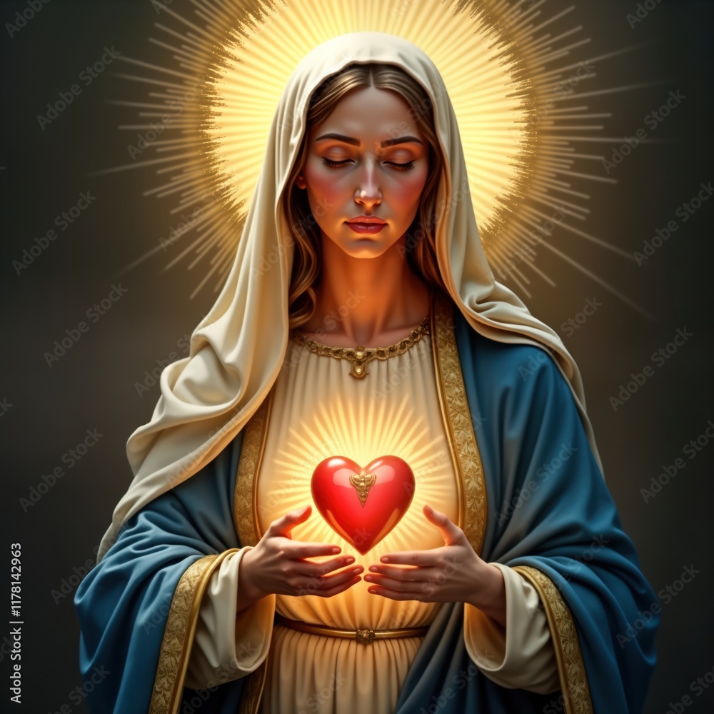 Religious illustration of Virgin Mary. Holy woman holds glowing heart ...