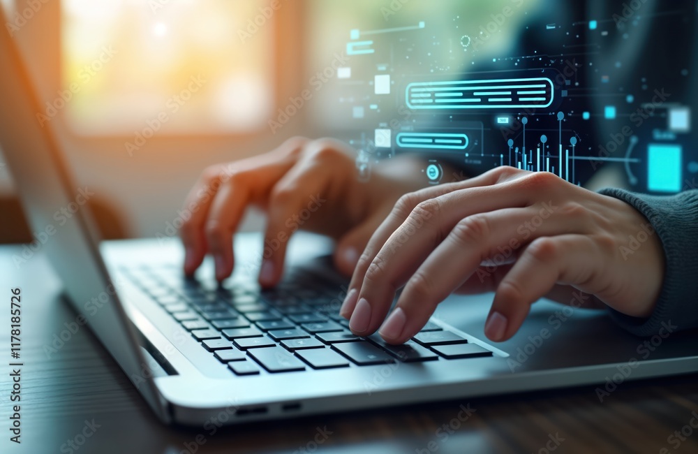 Person interacts with laptop. Hands type on laptop keyboard. AI ...