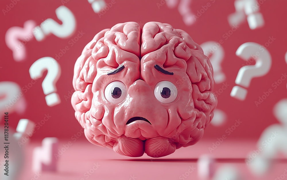 3D cartoon brain with a worried expression, surrounded by floating ...