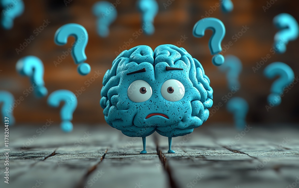 3D cartoon brain with a worried face, surrounded by floating question ...