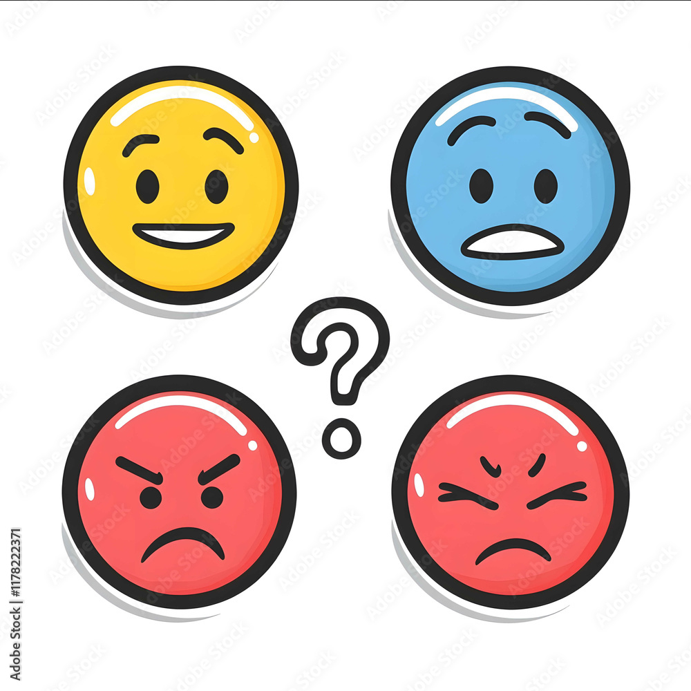 4 icons of happy sad and angry faces with a question mark in the middle ...