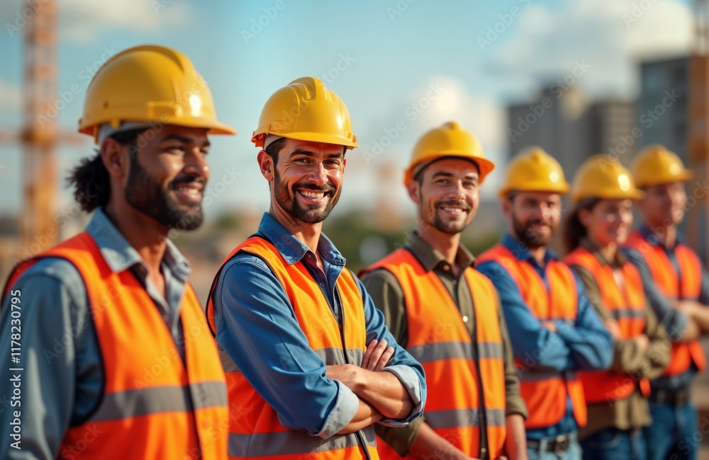 Construction workers stand together on construction site. Smiling ...
