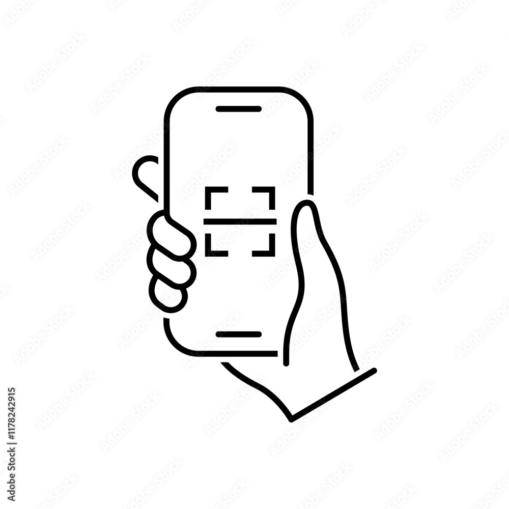 Scanning code process in line style icon. Hand holding Mobile phone PNG ...
