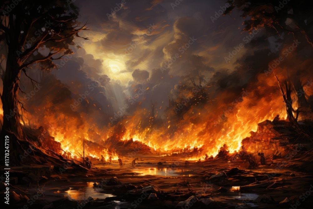 Une vision dramatique d'une forêt en proie aux flammes, où le ciel ...