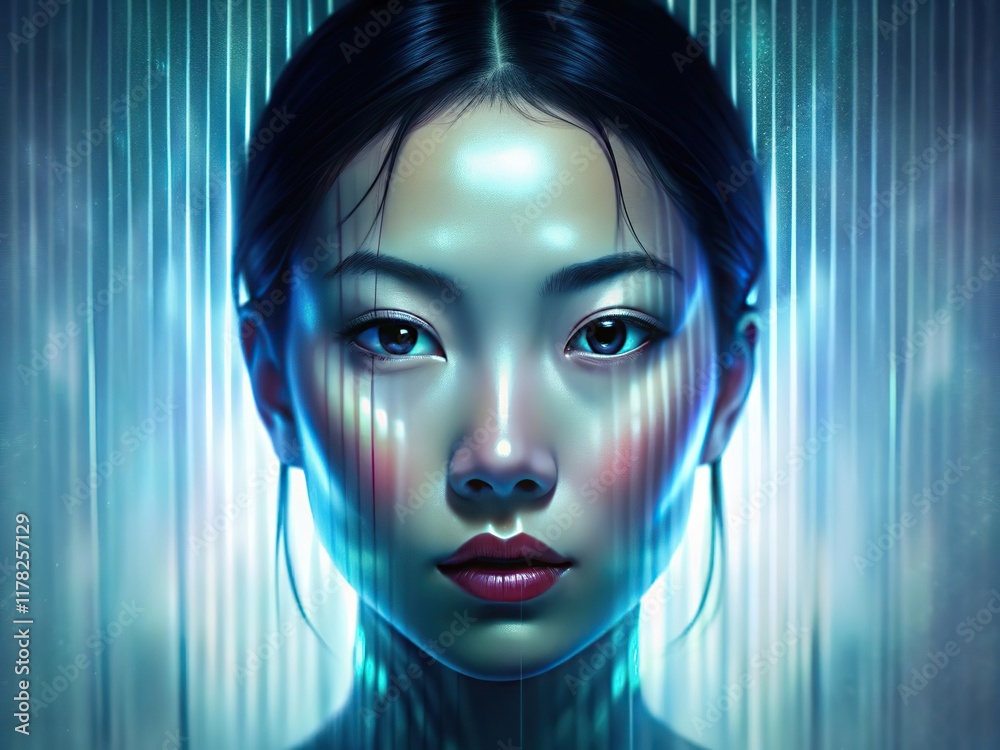 Abstract woman portrait with glass texture. Glitched and corrupted ...