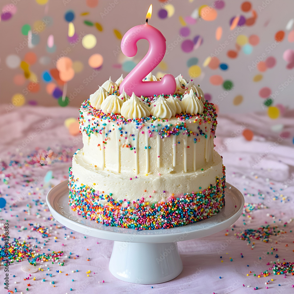 2nd year Happy Birthday cream cake. 2th anniversary celebration ...