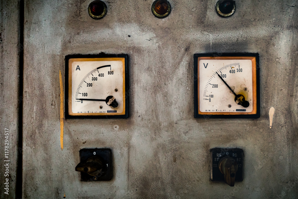 Analog ampere and voltage meter indicators with switches on old and ...