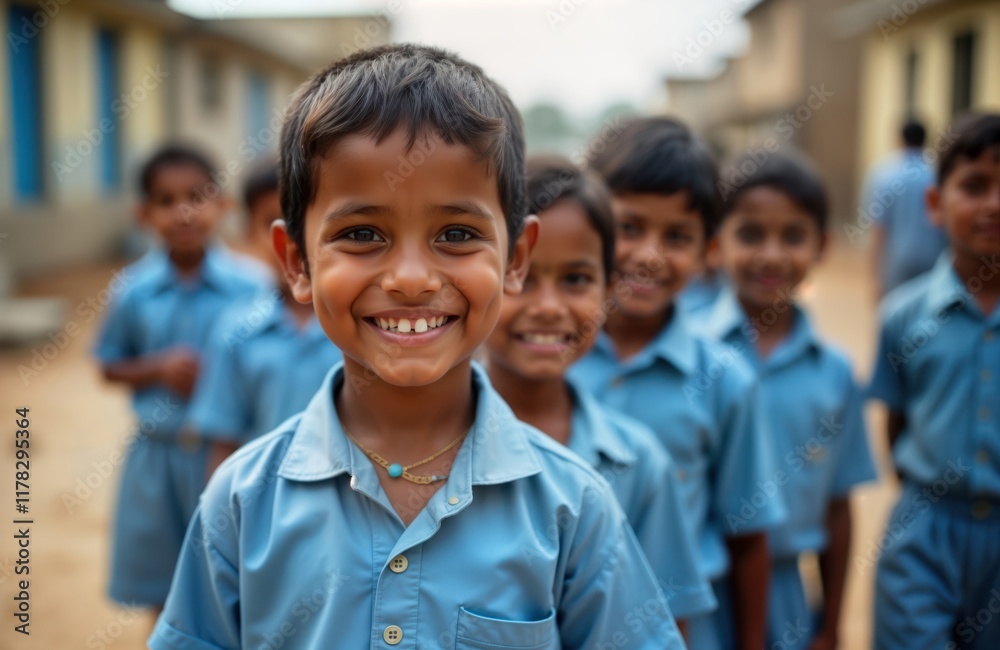 Indian school children stand in group smiling. Wear school uniforms ...