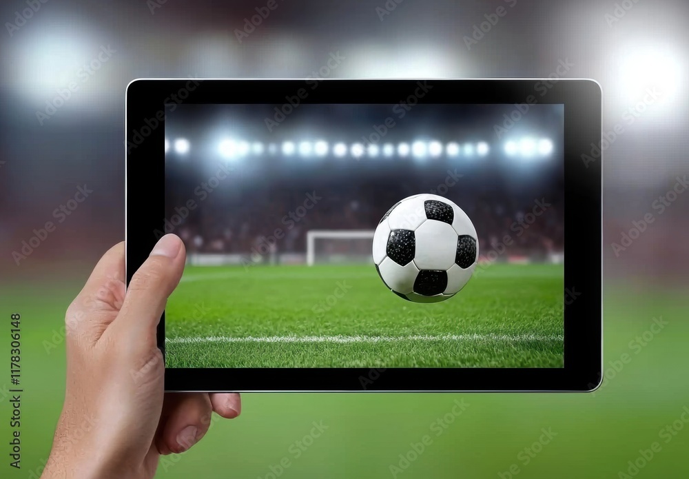 Hand Holding Tablet Displaying Soccer Ball in Stadium Atmosphere Stock ...