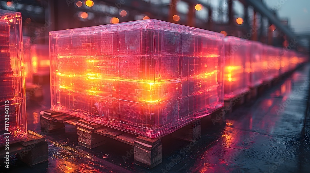 Transparent Pallets with Glowing Products Displaying Real Time Data and ...