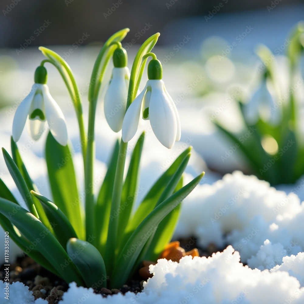 Drooping white petals of snowdrop flowers in a field, flowers in field ...