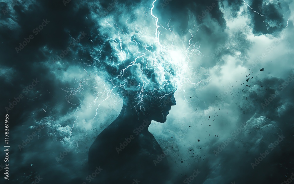Mental storm concept, a human silhouette with storm clouds and bolts of ...
