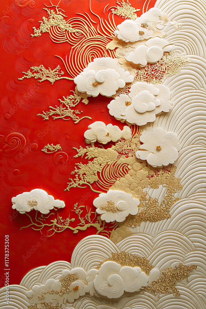 artistic and elegant red relief, auspicious clouds and waves relief ...