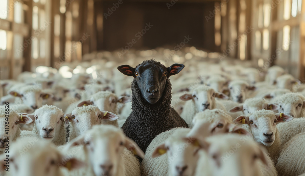 black sheep stands out among flock of white sheep in barn, creating ...
