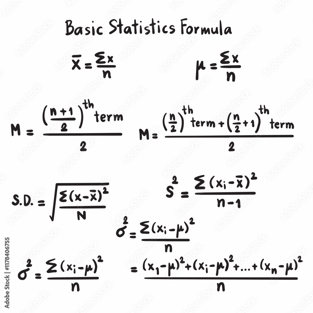 Basic Statistics Formulas handwritten illustrations Stock Vector ...
