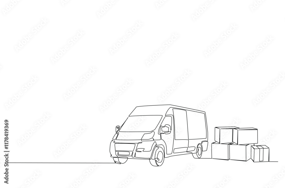Cargo van and cardboard boxes continuous one line drawing. Single line ...