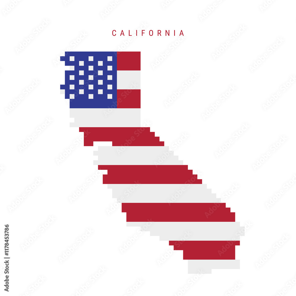 California pixel flag map icon. 8 bit pixel art map covered with ...