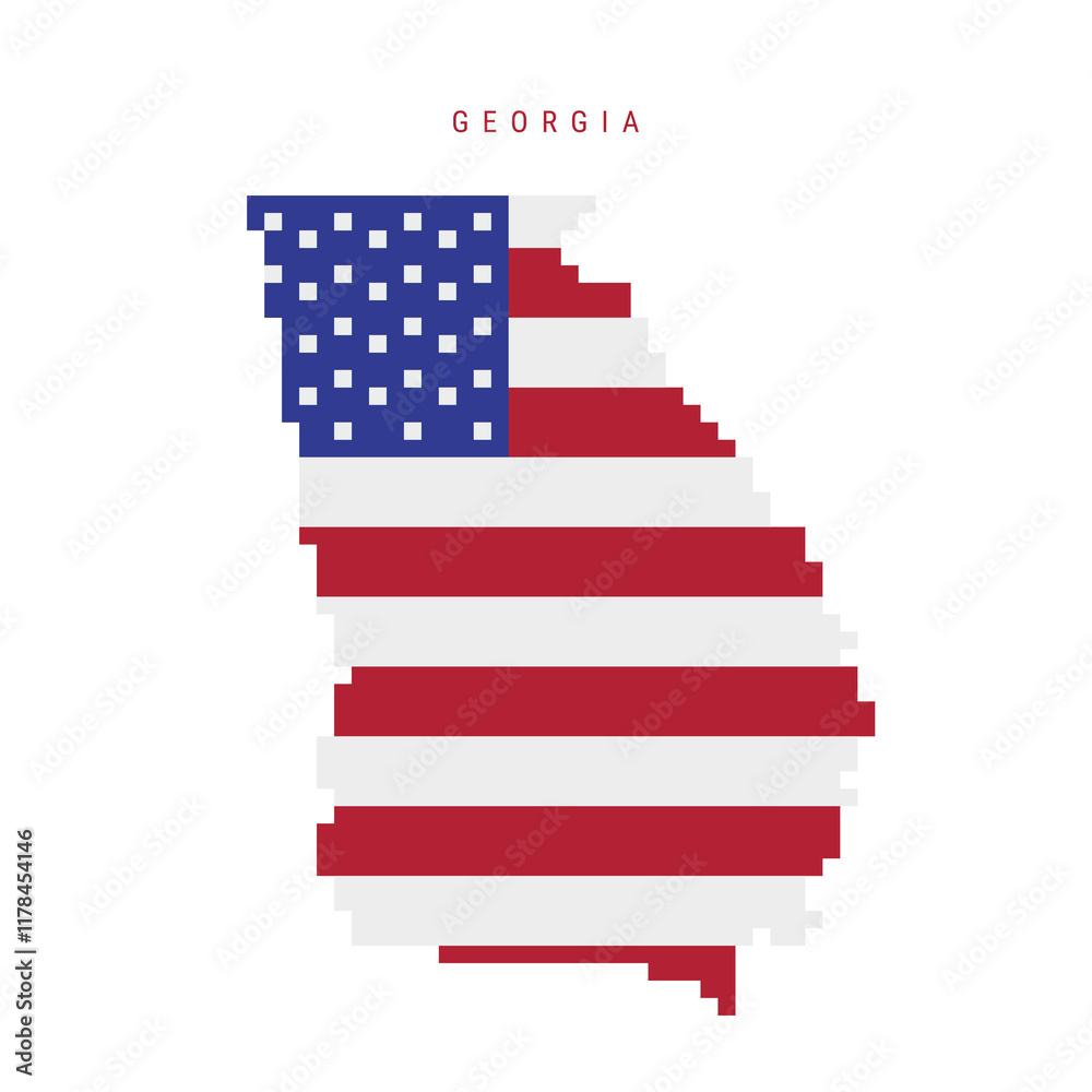 Georgia pixel flag map icon. 8 bit pixel art map covered with american ...