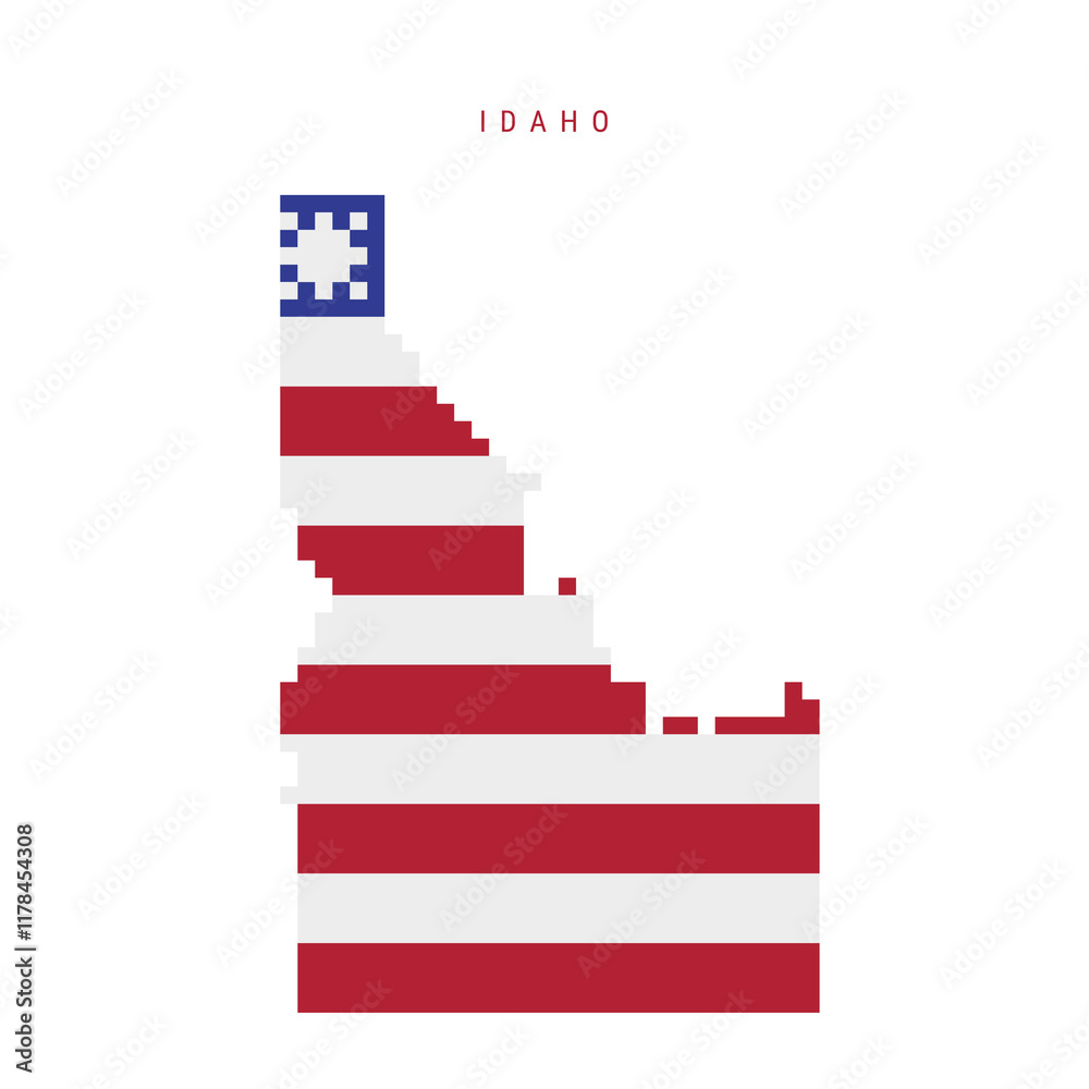 Idaho pixel flag map icon. 8 bit pixel art map covered with american ...