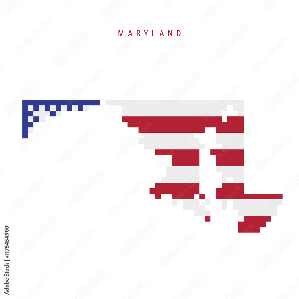 Maryland pixel flag map icon. 8 bit pixel art map covered with american ...