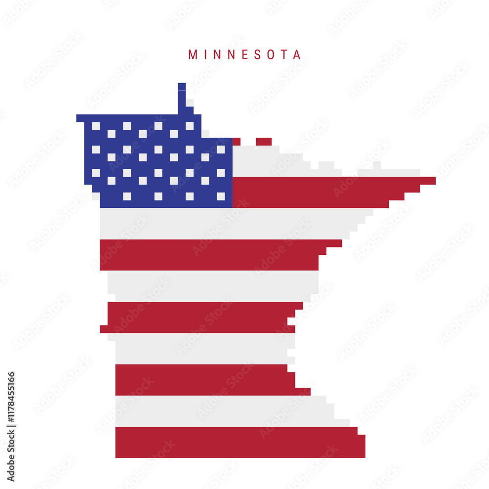 Minnesota pixel flag map icon. 8 bit pixel art map covered with ...