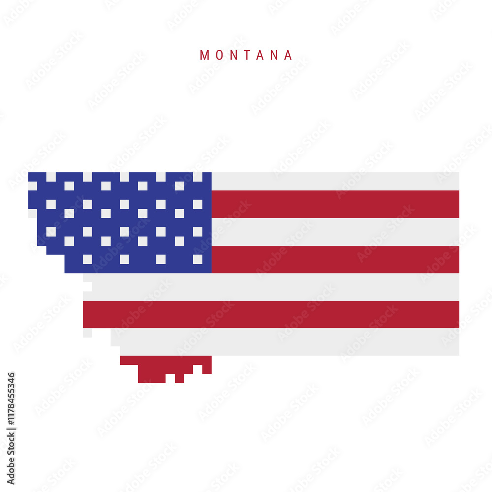 Montana pixel flag map icon. 8 bit pixel art map covered with american ...