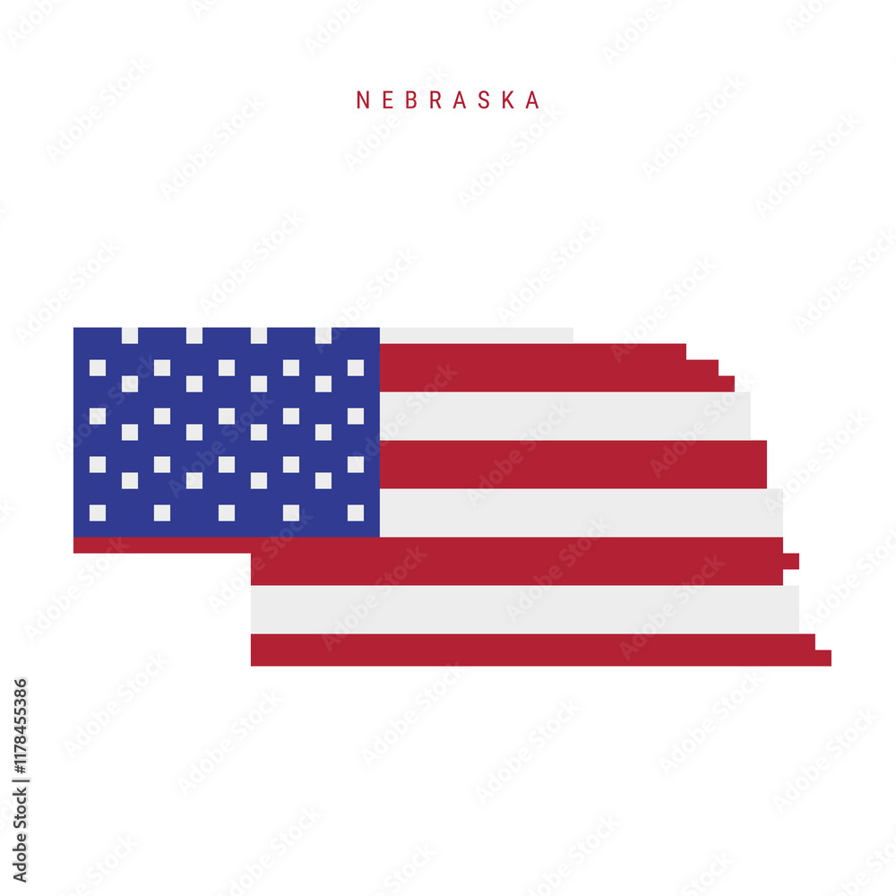 Nebraska pixel flag map icon. 8 bit pixel art map covered with american ...