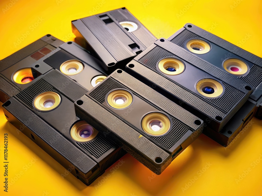 Blast from the past! Yellow backdrop showcases vintage VHS tapes ...