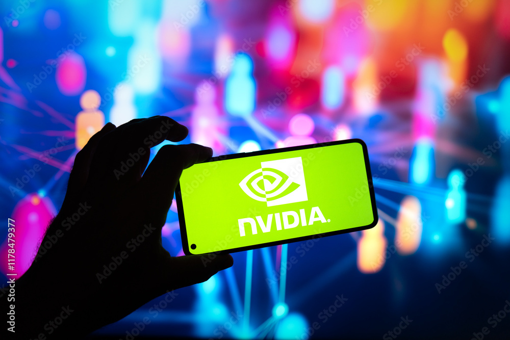 Nvidia logo on smartphone screen, connection and AI artificial ...