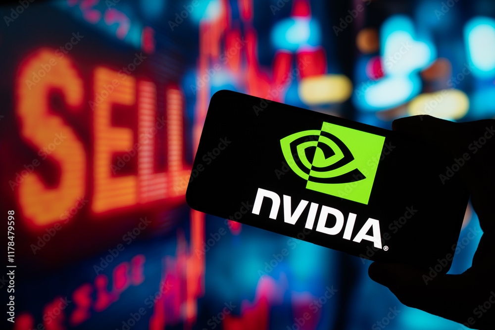 Nvidia logo on smartphone screen, red stock market chart spelling "sell ...