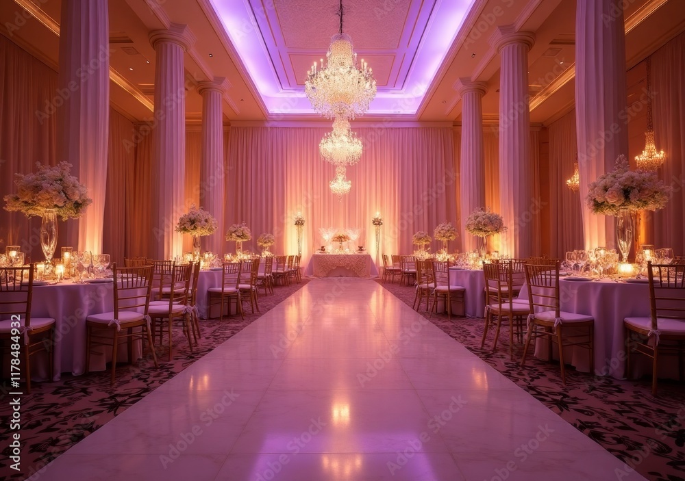 Elegant wedding reception setup with chandeliers and table arrangements ...