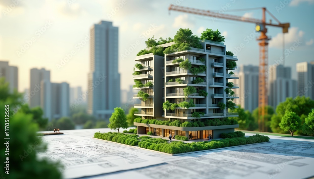 Eco friendly building design. Architects, engineers work on blueprints for green building ...