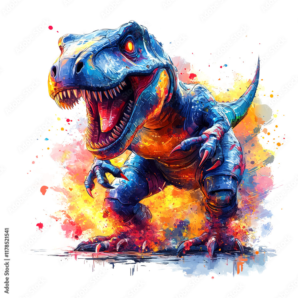 A vibrant, colorful T-Rex dinosaur in a dynamic pose with glowing red ...