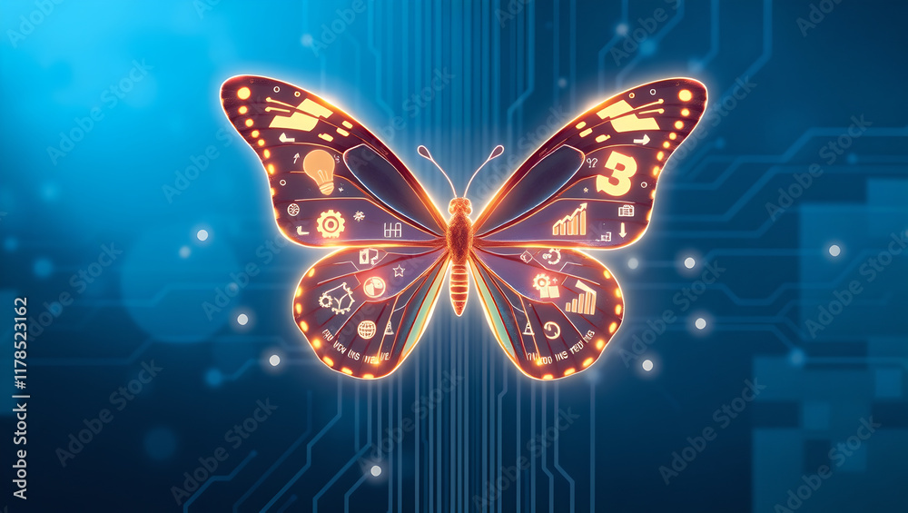 A butterfly flaps its wings in a glowing circuit, symbolizing change ...