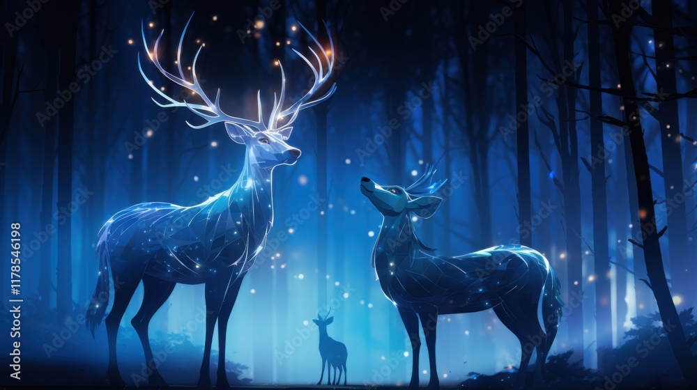 A cinematic scene of the glowing stag and doe Patronus standing ...