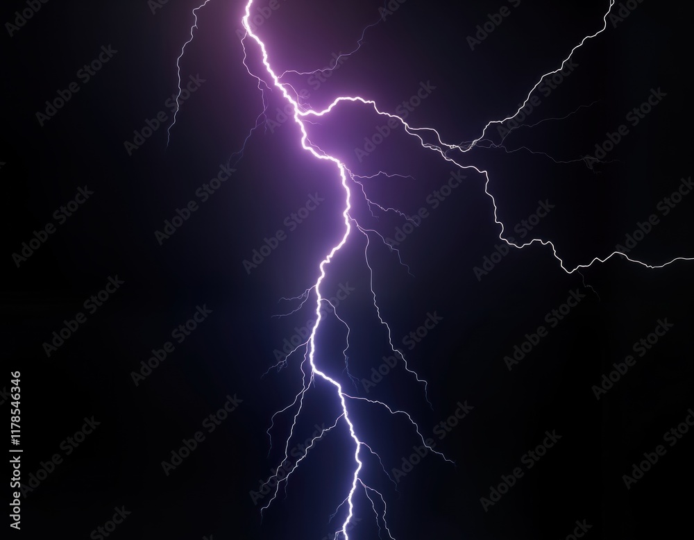 Dramatic lightning strike illuminates dark sky. Powerful electric ...