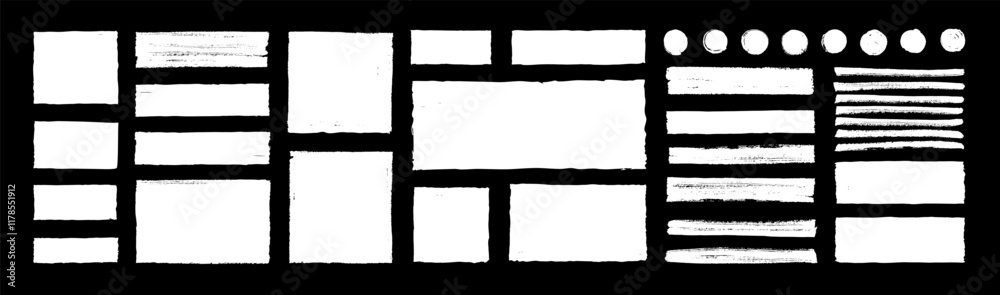 White vector rough edge rectangles on black background. Grunge torned ...