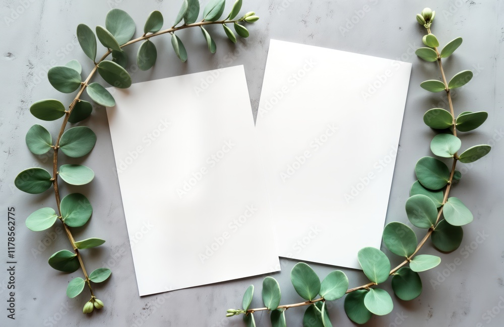Blank white invitation cards on grey surface. Eucalyptus twigs frame ...
