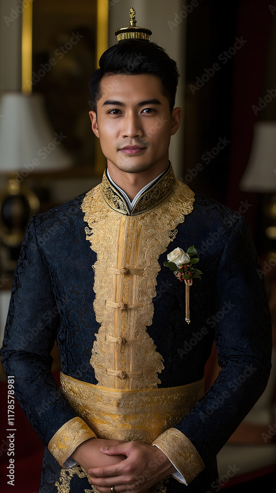 Elegant Asian Male Model in Traditional Wedding Attire for Cultural Ads ...