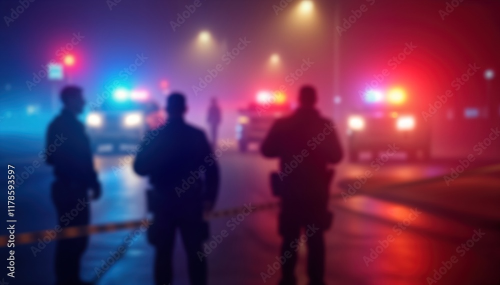 Police officers stand at crime scene at night. Emergency vehicles with ...