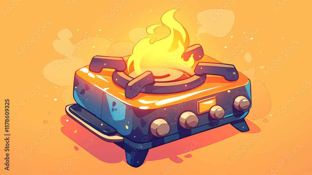 Gas stove, Sticker design of a cartoon, flat gas stove with fire ...