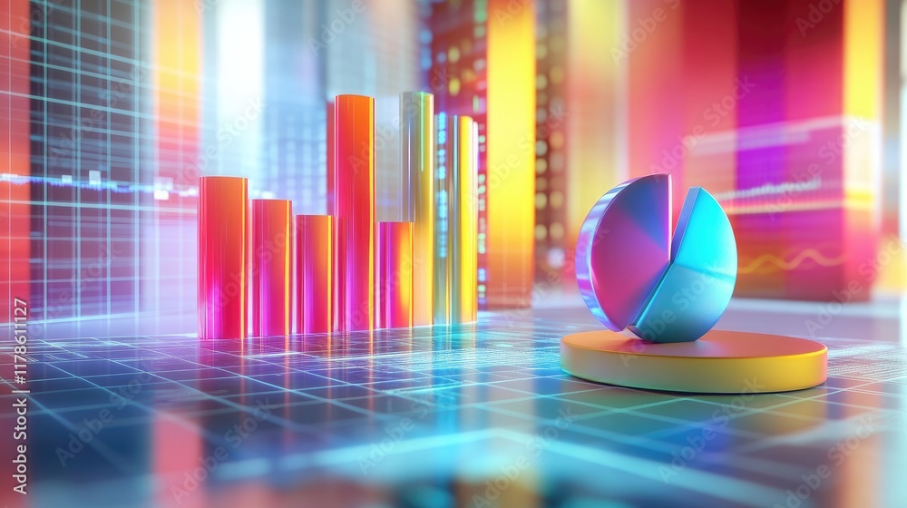 A D financial chart showing bar graphs and pie charts with vivid colors ...