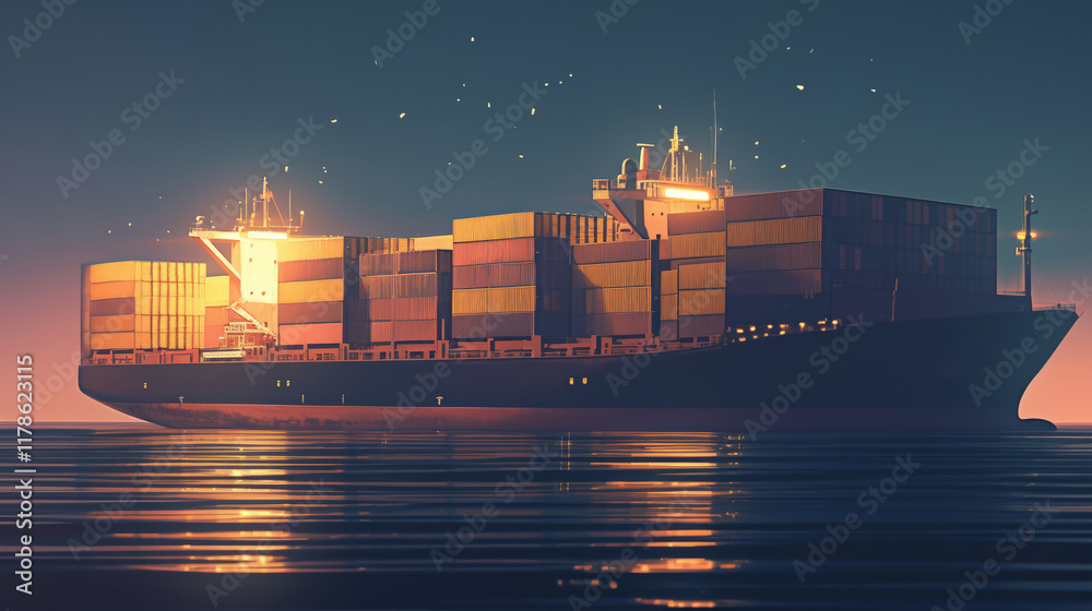 Cargo ship, Minimalist illustration of a cargo ship with containers at ...