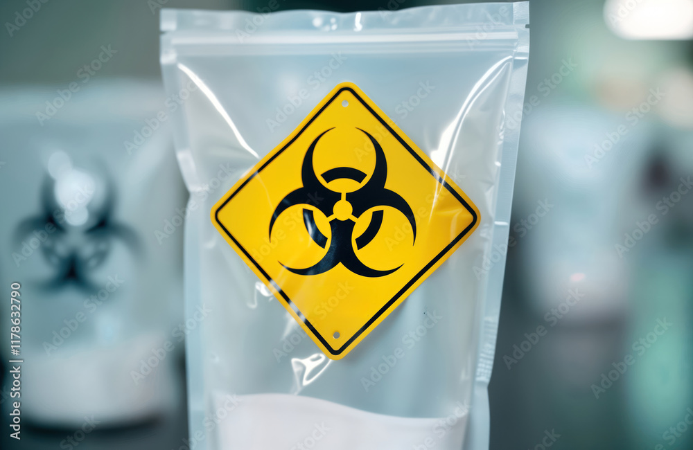 Clear plastic bag sealed with biohazard warning sign. Bag holds white ...