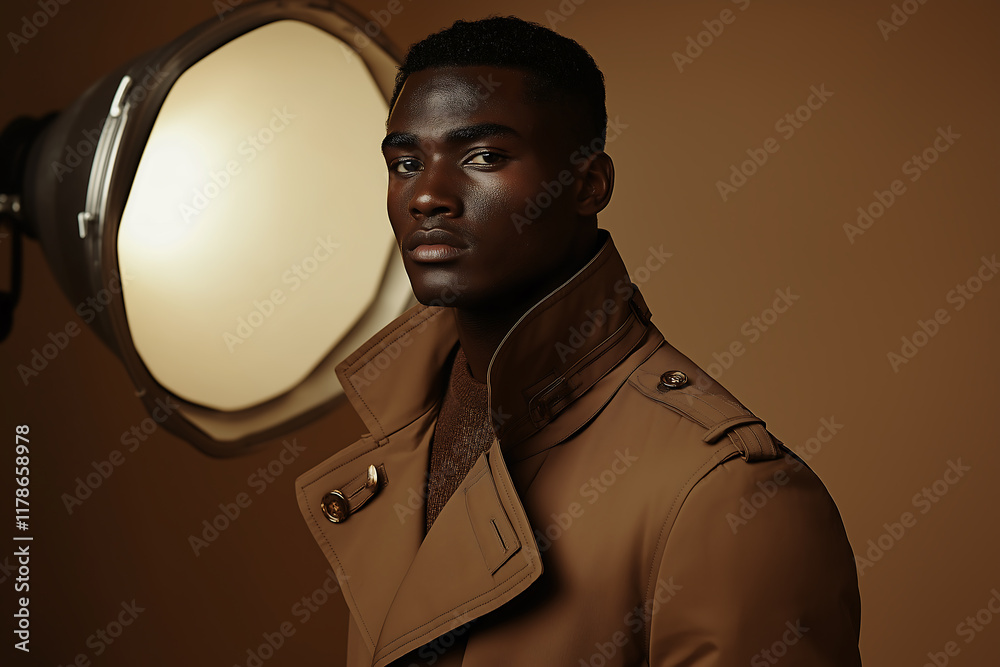 man wearing coat in mocha mousse tones, studio lighting, mocha mousse ...